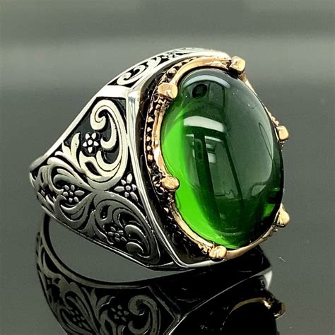 Men Handmade Ring Green Stone Ring Sterling Silver Vintage Ring
