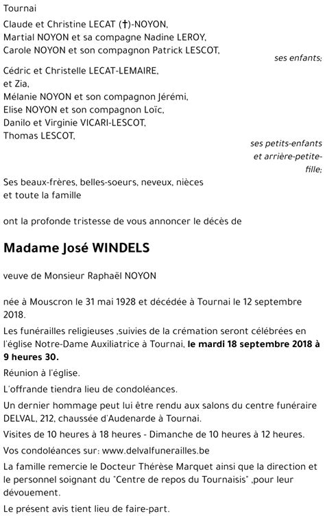 Avis De Décès De José Windels Décédé Le 12 09 2018 à Tournai Annonce
