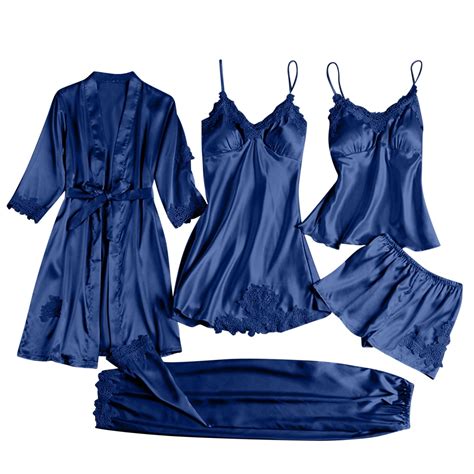 Womens Silk Pajama Robes Sets 5pcs Sexy Pjs Cami Nightgown Shorts Satin
