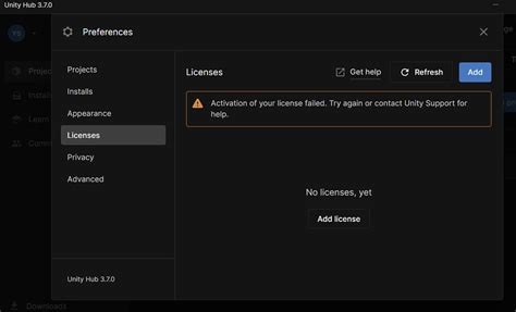 cannot activate the personal license on hub 3 7 0 unity engine