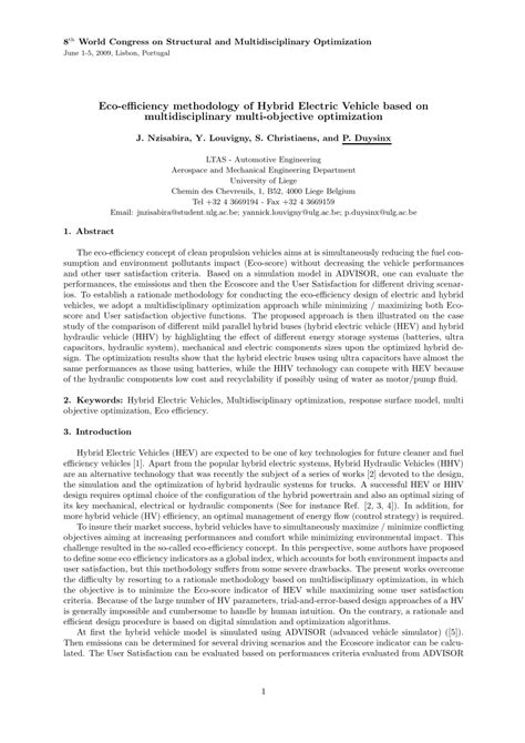 PDF Eco Efficiency Methodology Of Hybrid Electric Vehicle Based On Multidisciplinary Multi