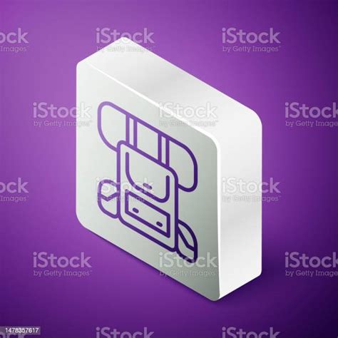 보라색 배경에 격리 된 등색 라인 하이킹 배낭 아이콘 캠핑과 산을 탐험 하는 배낭 실버 스퀘어 버튼 벡터 3차원 형태에 대한 스톡 벡터 아트 및 기타 이미지 Istock