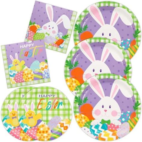 Whaline 125pcs Easter Tableware Set Colorful Easter Bunny Disposable Dinnerware Set