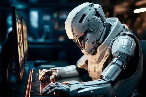 premium ai image humanoid robot working on computer in dark room with lightsgenerative ai