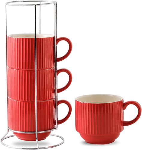 Hasense Red Coffee Mugs 15 Oz Stackable Coffee Cups Set Of 4 With Rack