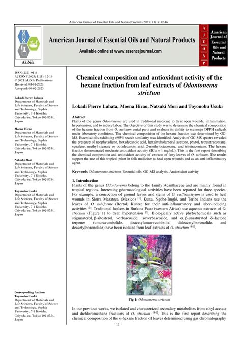 Pdf Chemical Composition And Antioxidant Activity Of The Hexane Fraction From Leaf Extracts Of