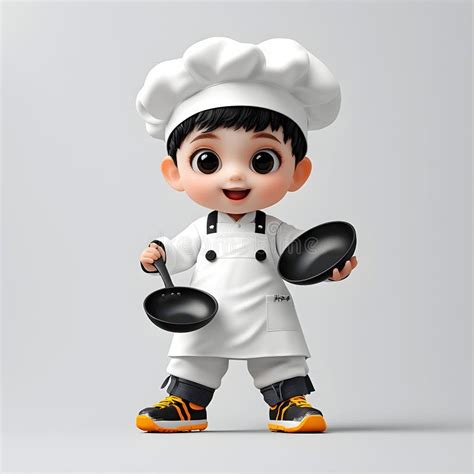 Cheerful Chibi Chef Holding Frying Pan On Clean White Background Stock Illustration