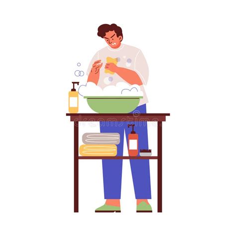 Angry Man Cleaning Sink Or Washing Dishes Ocd Concept Flat Vector