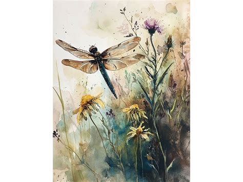 Dragonfly Painting Wildflowers Watercolor Print Meadow Wall Art Print