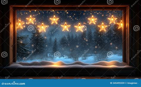 Snowy Winter Night View Through Window With Star Shaped Lights Stock Illustration Illustration