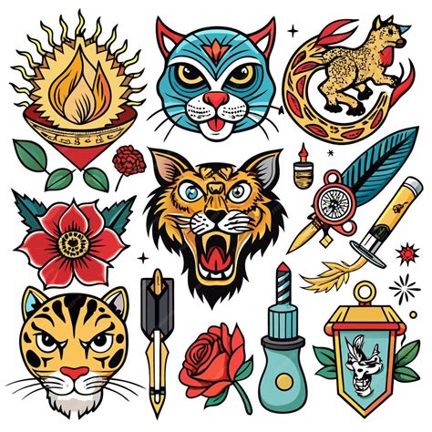 Premium Vector Colorful Traditional Tattoo Flash Set With Animals