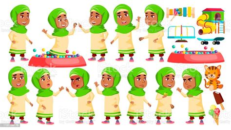 아랍 무슬림 소녀 유치원 아이 포즈 벡터를 설정 합니다 백인 자식 식입니다 활동 배너 전단지 웹 디자인 고립 된 만화 삽화 가구에 대한 스톡 벡터 아트 및 기타 이미지