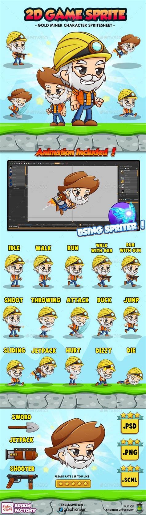 Gold Miner Old Man 2d Game Character Sprites Sprites Game Assets