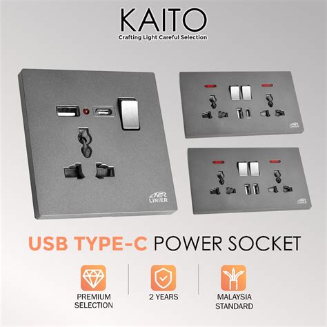 Kaito 13a Switch Socket Outlet 【usb Type C】 Usb Power Wall Plug Socket Soket Plug 插座 Charging