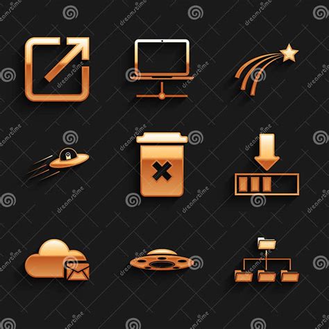 Set Trash Can Ufo Flying Spaceship Folder Tree Loading Cloud Mail Server And And Alien Icon