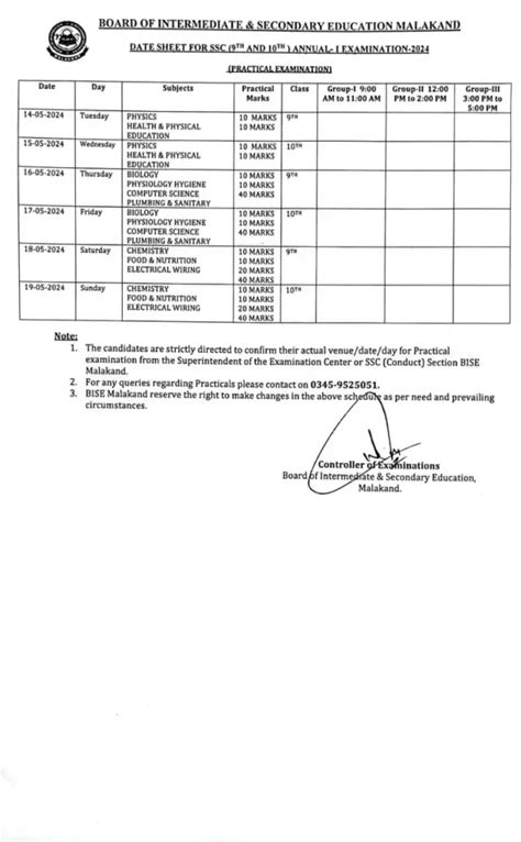 Bise Malakand Board 9th Class Exam Date Sheet 2024