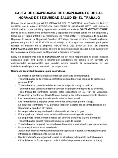Carta De Compromiso De Cumplimiento De Las Normas De Sst Grupo Palmas