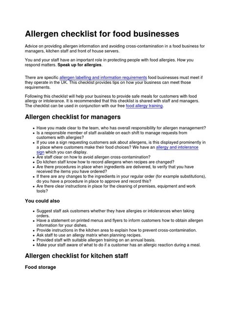 Allergen Checklist Pdf