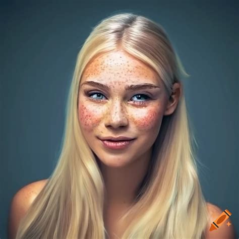 Portrait Of A Beautiful Young Woman With Freckles And Blonde Hair On