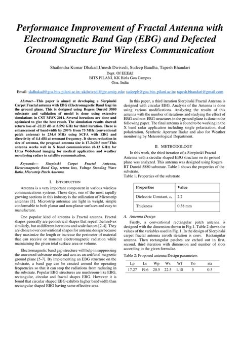 Pdf Performance Improvement Of Fractal Antenna With Electromagnetic Band Gap Ebg And