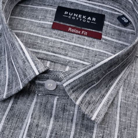 Charcoal Grey Striped Blend Cotton Shirt For Men Punekar Cotton