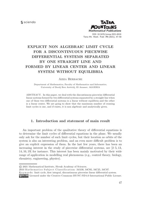 Pdf Explicit Non Algebraic Limit Cycle For A Discontinuous Piecewise