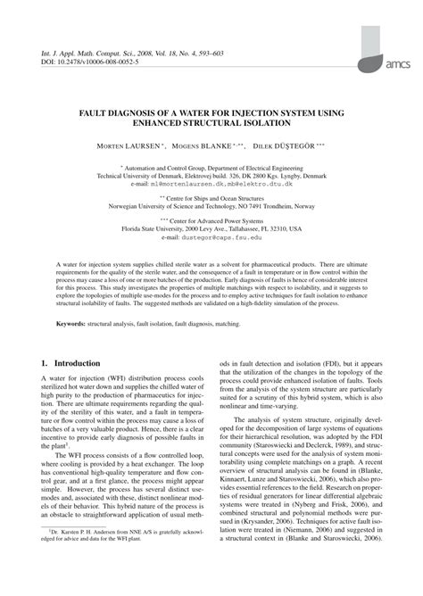 PDF Fault Diagnosis Of A Water For Injection System Using Enhanced Structural Isolation