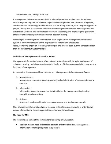 Definition Of Mis Concept Of An Mis 1 The Resources Are People