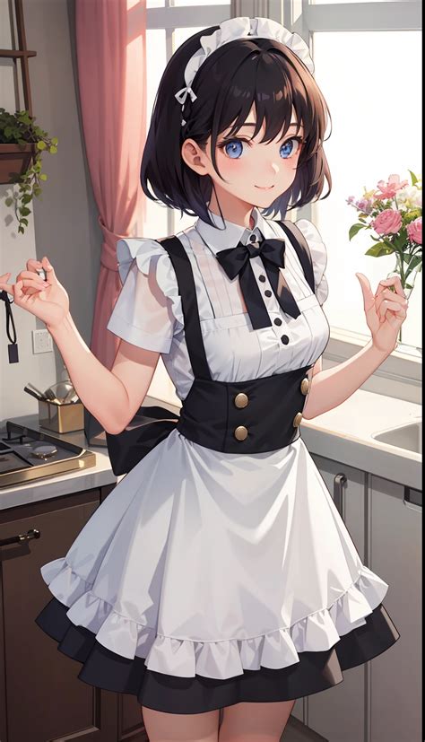 Anime Girl In Maid Outfit Holding A Flower In Her Hand Seaart Ai