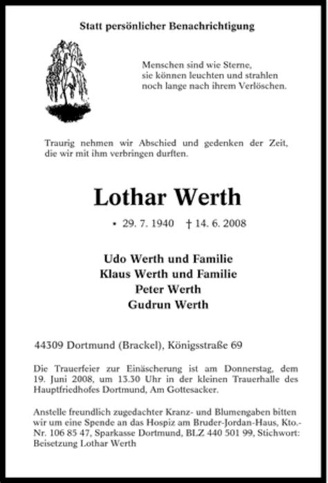 Traueranzeigen Von Lothar Werth Trauer In Nrw De