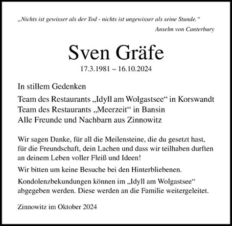 Traueranzeigen Von Sven Gräfe Trauer Anzeigende