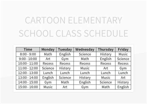 Cartoon Elementary School Class Schedule Excel Template Free Download