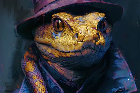 Lizard Wearing A Hat And Coat Poses With A Confident Expression Stock