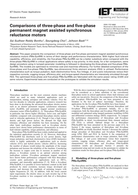 Pdf Comparisons Of Three Phase And Five Phase Permanent Magnet Assisted Synchronous Reluctance