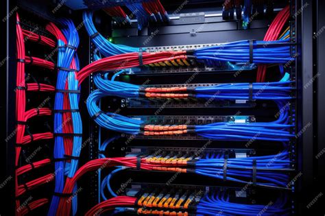 Premium Photo Server Rack With Colored Internet Patch Cord Cables Connected To Patch Panel In