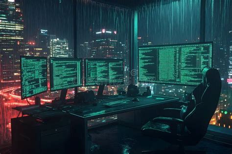 Code With Green Text On Screens Set Against A Rainy Futuristic City Backdrop Generative Ai