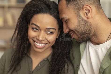 Romantic African American Spouses Bonding At Home Loving Black Man And