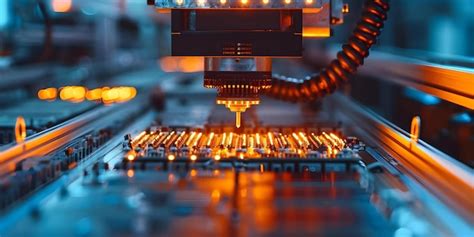 Premium Photo Brightly Lit Factory Scene Showing Automated Machines Assembling Chips Onto Lead