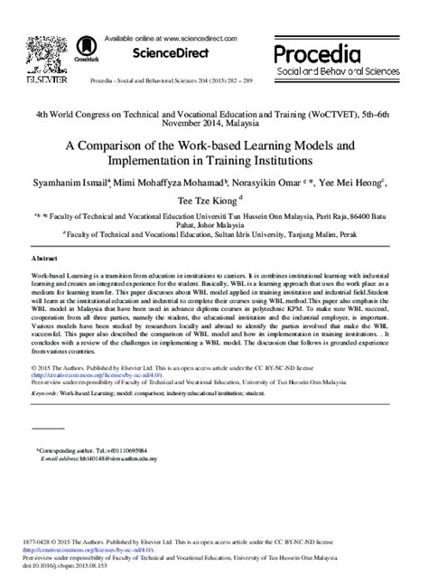 Pdf A Comparison Of The Work Based Learning Models And Implementation