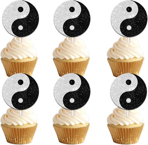 18pcs Glitter Dessert Cupcake Topper Yin Yang Tai Chi Theme