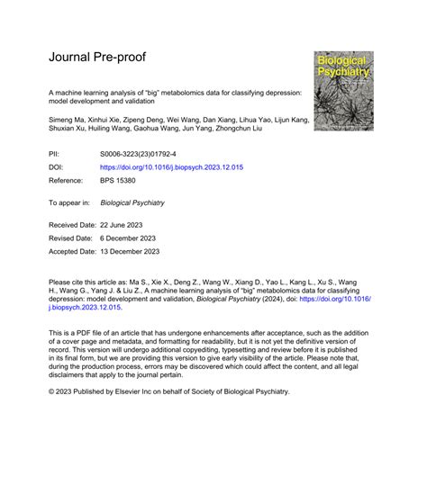 Pdf A Machine Learning Analysis Of Big” Metabolomics Data For