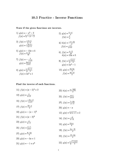 103 Inverse Functions Practice 10 Practice Inverse Functions State