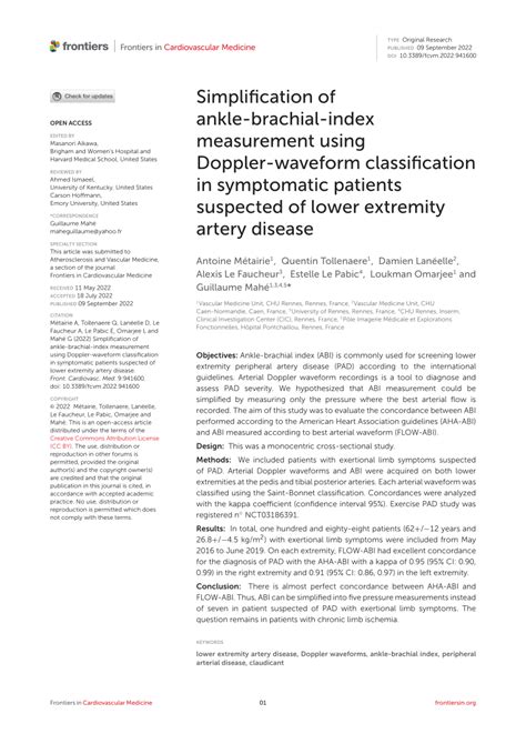 Pdf Simplification Of Ankle Brachial Index Measurement Using Doppler Waveform Classification