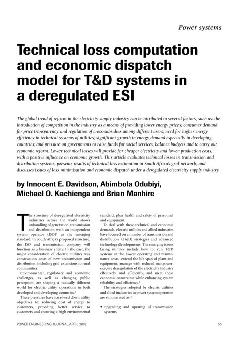 Pdf Technical Loss Computation And Economic Dispatch Model For Tandd Systems In A Deregulated Esi