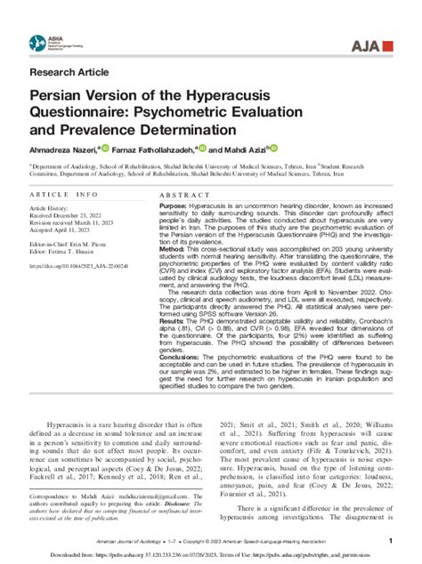 Pdf Persian Version Of The Hyperacusis Questionnaire Psychometric Evaluation And Prevalence