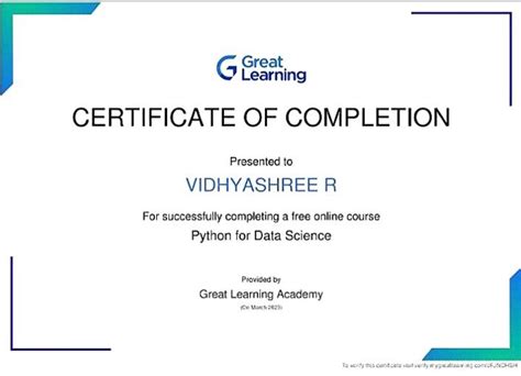 Greatlearningacademy Greatlearning Glacertificate Learning Python Datascience Vidhyashree R