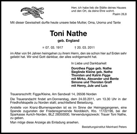 Traueranzeigen Von Toni Nathe Trauer In Nrw De