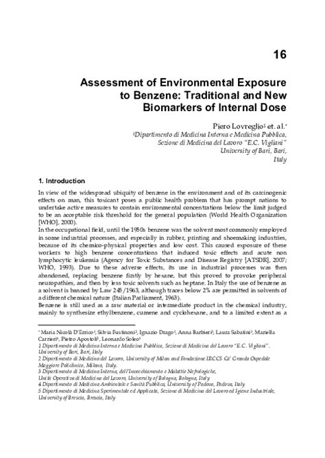 Pdf Assessment Of Environmental Exposure To Benzene Traditional And New Biomarkers Of