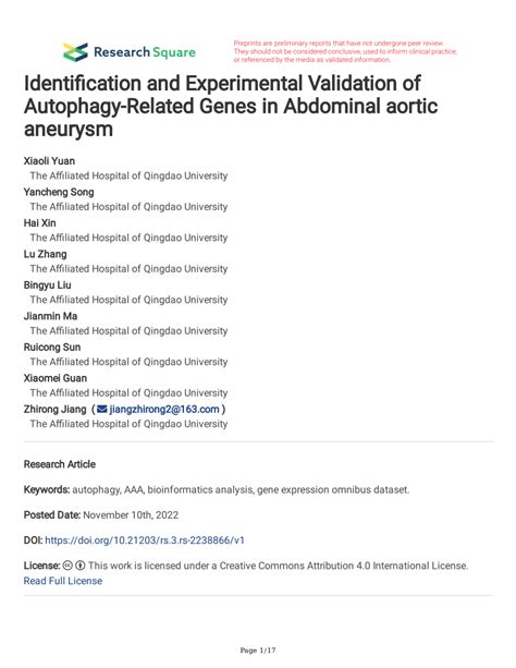 Pdf Identification And Experimental Validation Of Autophagy Related Genes In Abdominal Aortic