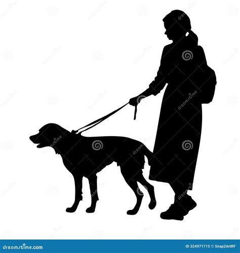 Silhouette Of Woman Walking Her Dog Guide Dog Stock Illustration